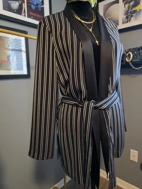 Zara | Jackets & Coats | Zara Basic Navy Blue White Striped Belted ...
